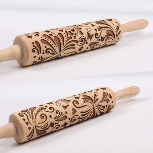 Floral Butterfly Embossed Rolling Pins for Baking Cookies Paisley Transfer Wooden Embossing Rolling Pin Beech Laser Cut Engraved 3D Dough Roller Christmas Impression Basting Brush Cookie Cutter Flower