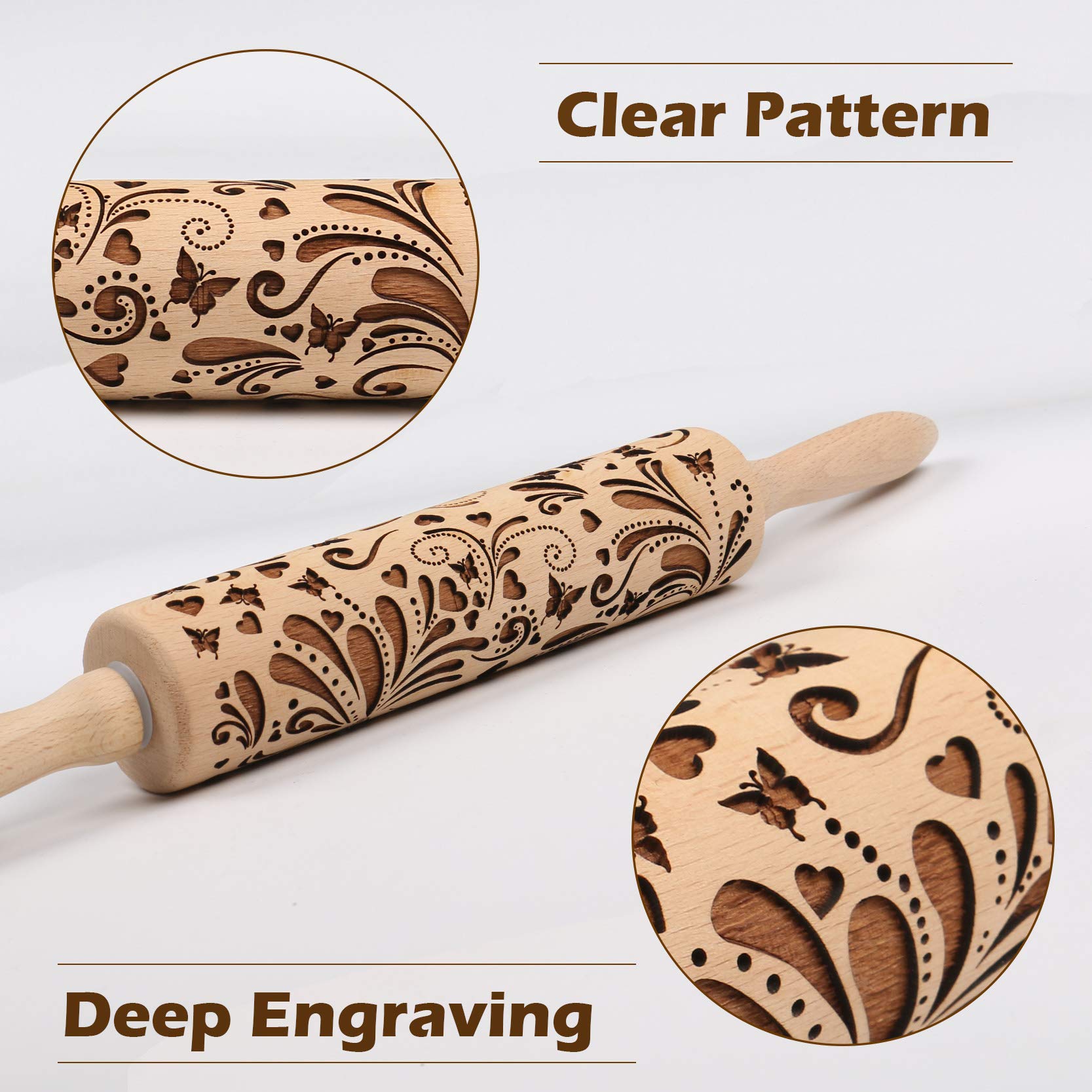 Floral Butterfly Embossed Rolling Pins for Baking Cookies Paisley Transfer Wooden Embossing Rolling Pin Beech Laser Cut Engraved 3D Dough Roller Christmas Impression Basting Brush Cookie Cutter Flower