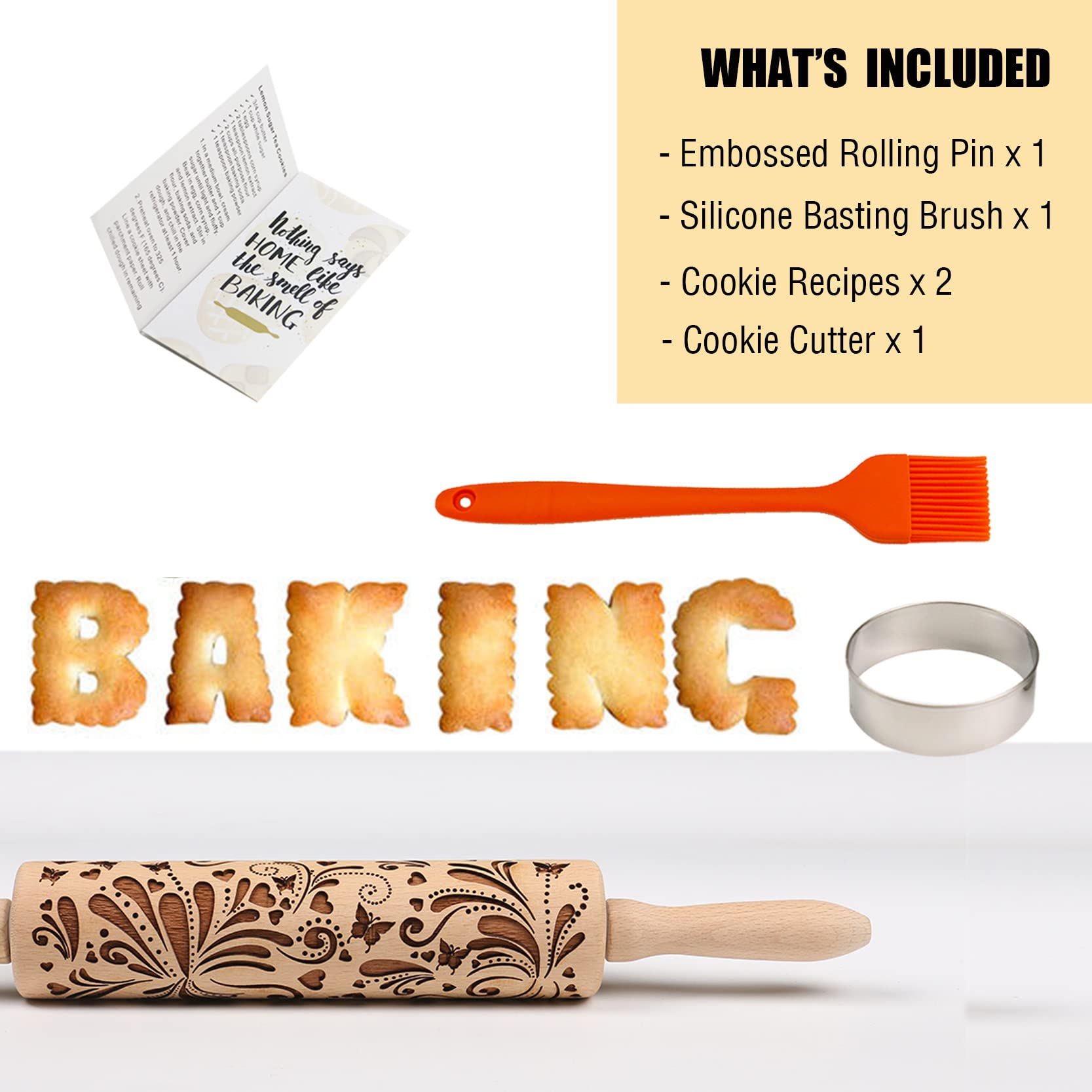 Floral Butterfly Embossed Rolling Pins for Baking Cookies Paisley Transfer Wooden Embossing Rolling Pin Beech Laser Cut Engraved 3D Dough Roller Christmas Impression Basting Brush Cookie Cutter Flower