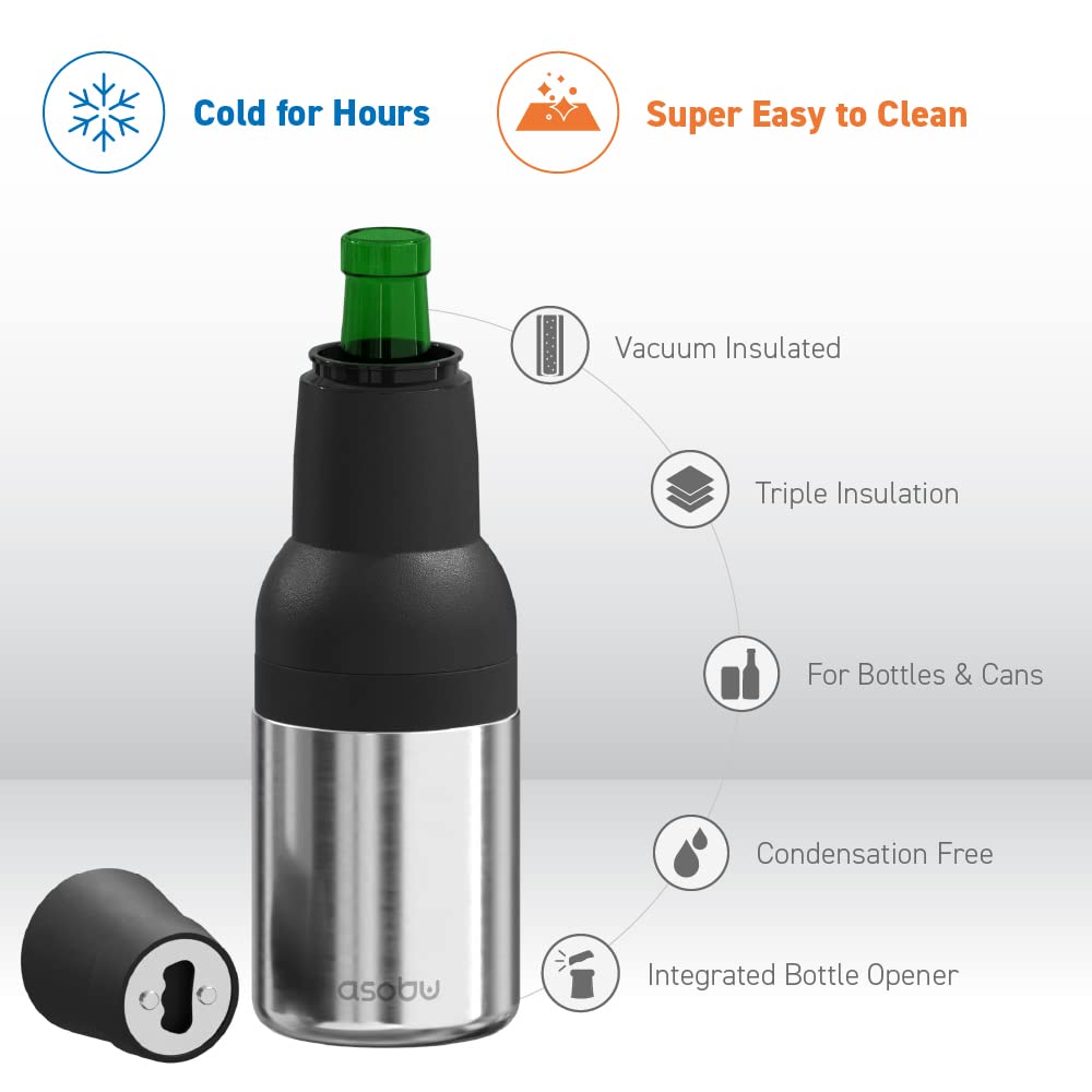 Asobu Frosty Beer 2 Go Vacuum Insulated Double Walled Stainless Steel Beer Can and Bottle Cooler with Beer Opener Eco Friendly and Bpa Free (Silver)