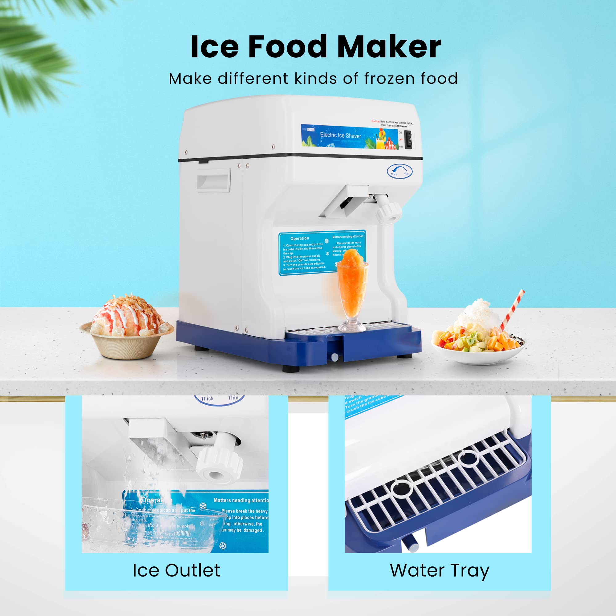 VIVOHOME Electric Ice Crusher Shaver Snow Cone Maker Machine 265lbs/hr for Home and Commercial Use Blue