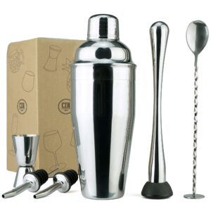 pg professional bartender kit - 6pc premium cocktail stainless steel shaker set - 24oz martini shaker gloss finish, with muddler, stirring spoon, 2x wine pourer, and double jigger