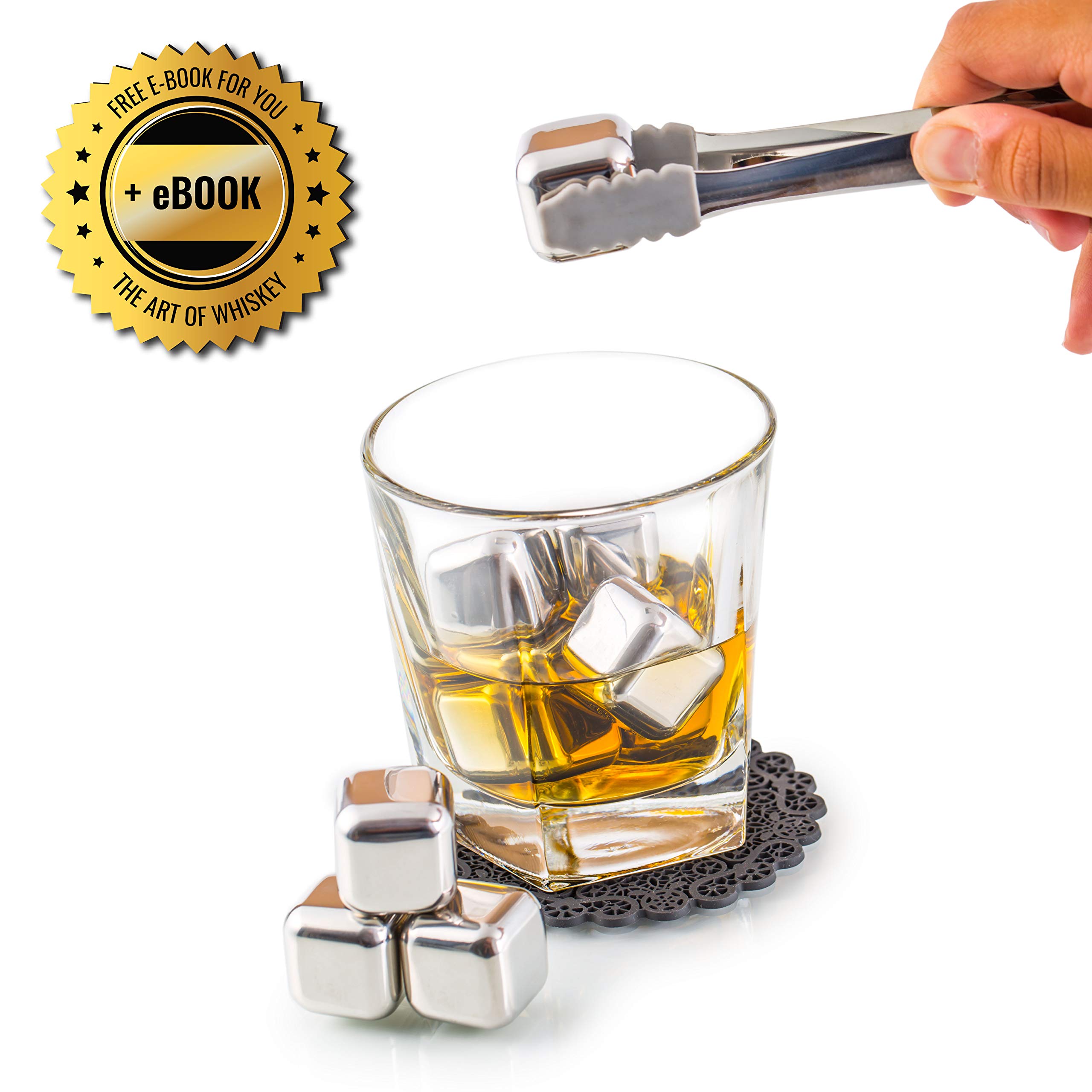 𝗕𝗘𝗦𝗧 𝗚𝗜𝗙𝗧: Exclusive Whiskey Stones Gift Set - High Cooling Technology - Reusable Ice Cubes - Stainless Steel Whisky Rocks - Whiskey Gifts for Men - Regalos para Hombre - Coasters + Ice Tongs