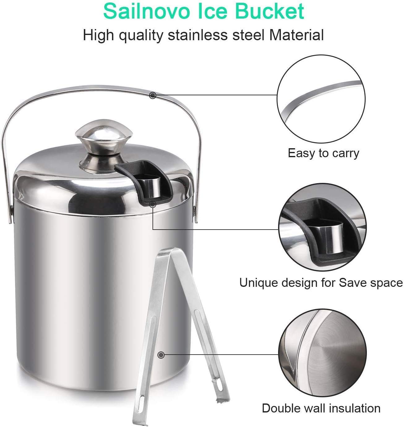 Sailnovo Ice Bucket, Double-Wall Stainless Steel Insulated Ice Buckets With Lid and Ice Tong, Ideal for Cocktail Bar, Parties, Chilling Wine, Champagne - 1.2 Liter Ice Container