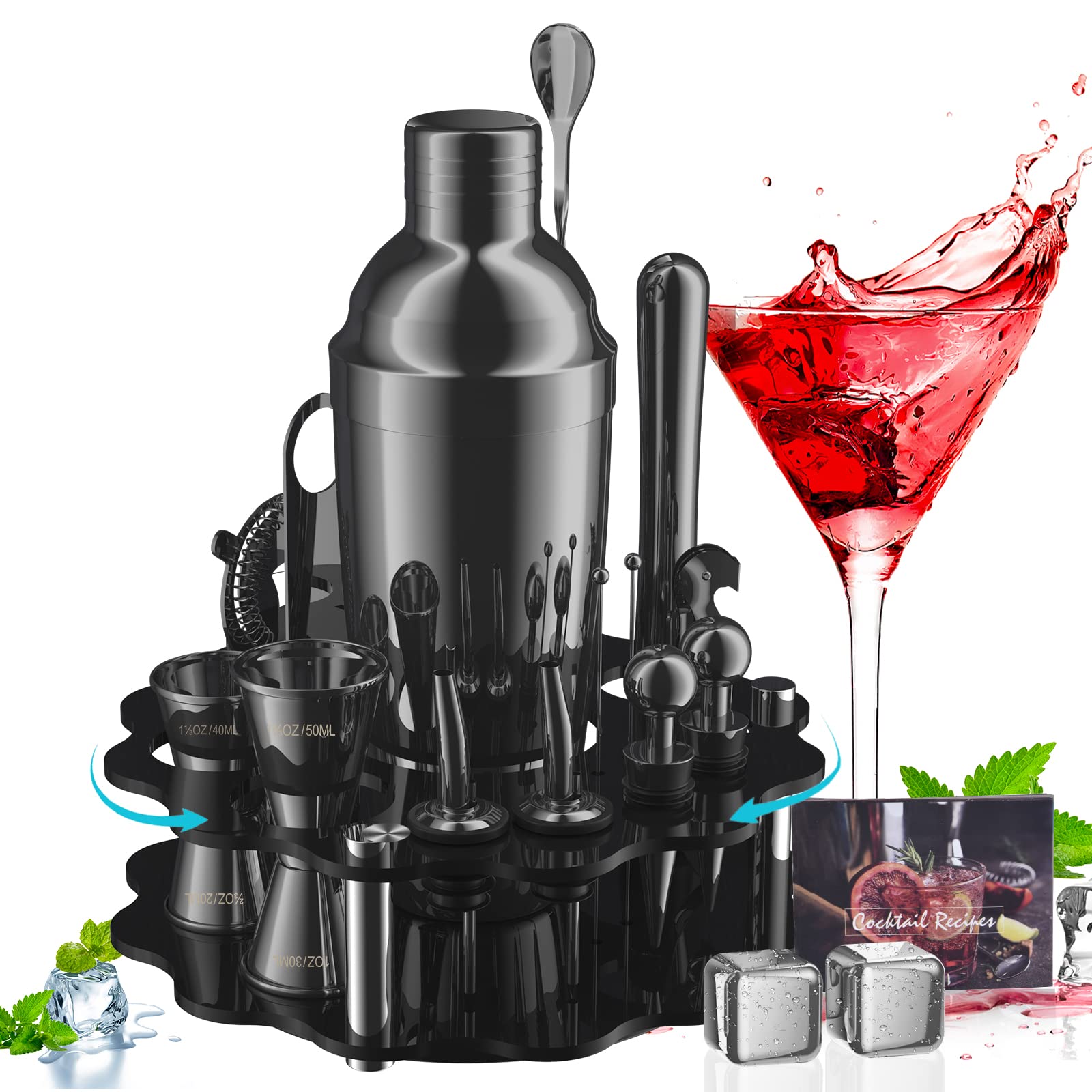 Carsolt Bartender Kit with Rotatable Stand, 19-Piece Bar Set Cocktail Shaker Set 25 oz Martini Shaker for Drink Mixing, Professional Stainless Steel Bar Tools Set Gift for Home, Bar, Party (Black)