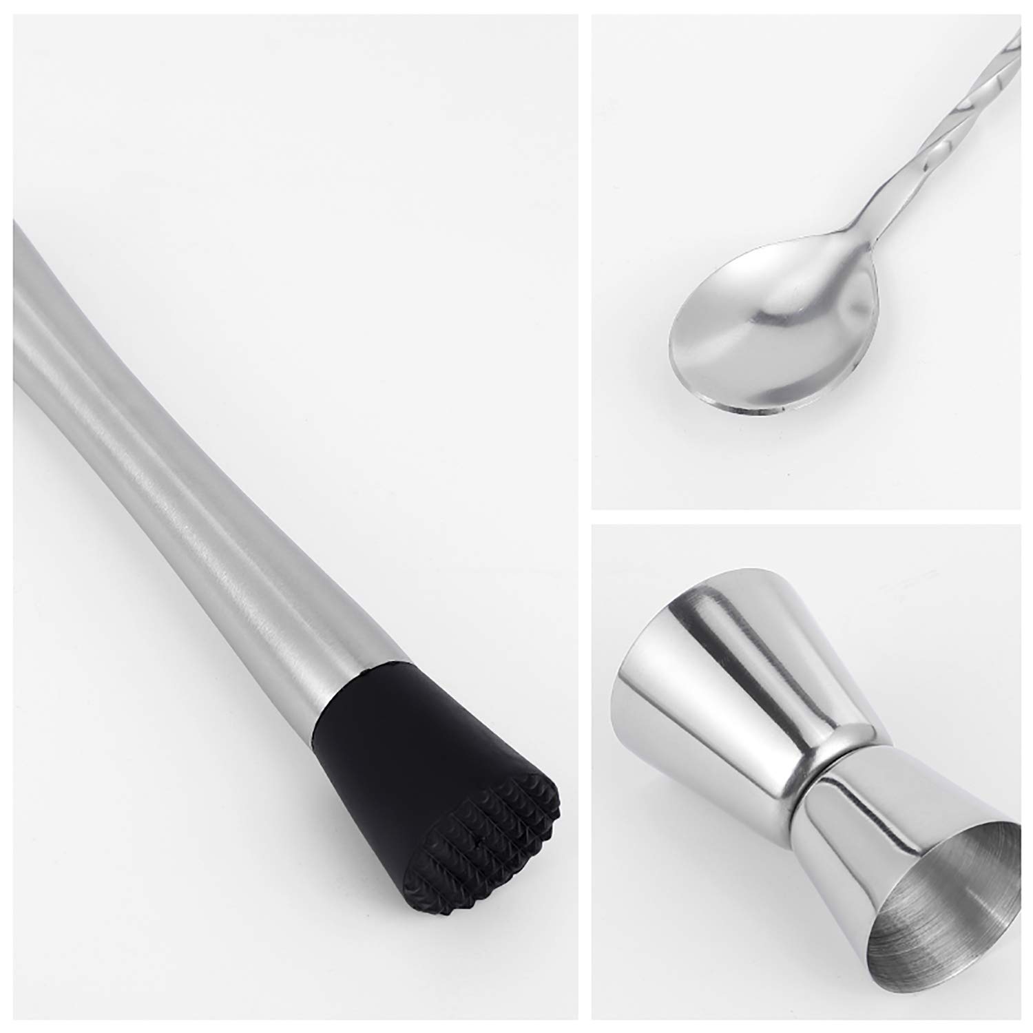 TNCO 8 inch Stainless Steel Muddler, Muddler For Cocktails With Cocktail Spoon and Jigger 0.5/1 OZ For Make Mojitos And Delicious Mixed Drinks