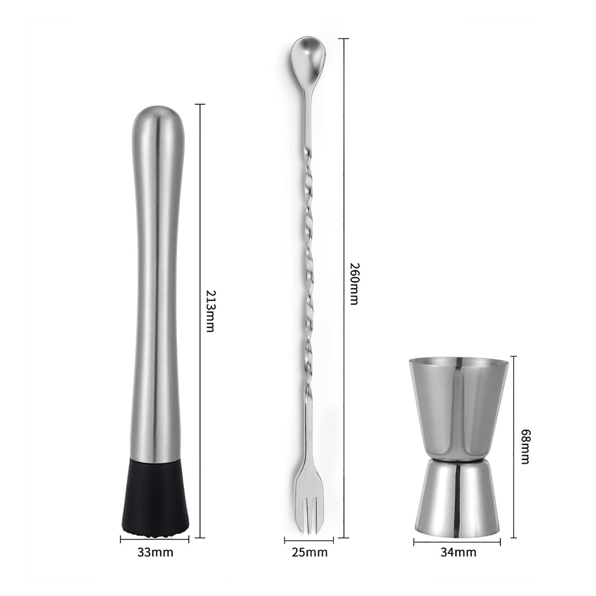 TNCO 8 inch Stainless Steel Muddler, Muddler For Cocktails With Cocktail Spoon and Jigger 0.5/1 OZ For Make Mojitos And Delicious Mixed Drinks