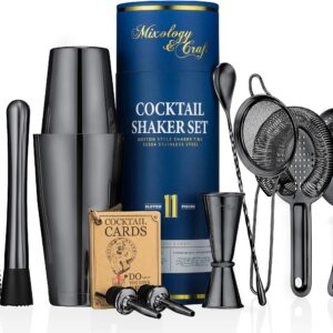 Mixology & Craft Cocktail Shaker Set - 11-Piece Bar Accessories Kit w/Weighted Boston Shaker, Strainer, Jigger, Muddler and More - Home Bartending Tools, Accessories for Bartender, Black