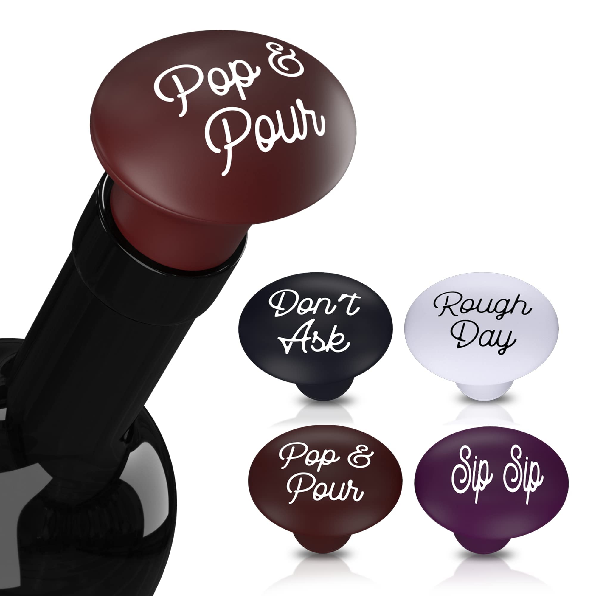 Hint Ov [4 Pack] Wine Bottle Stoppers for Wine, Beer, Liquor Bottle Covers, Leak-Proof, Easy to Use, Dishwasher-Safe, Kitchen Accessories,Silicone,Reusable