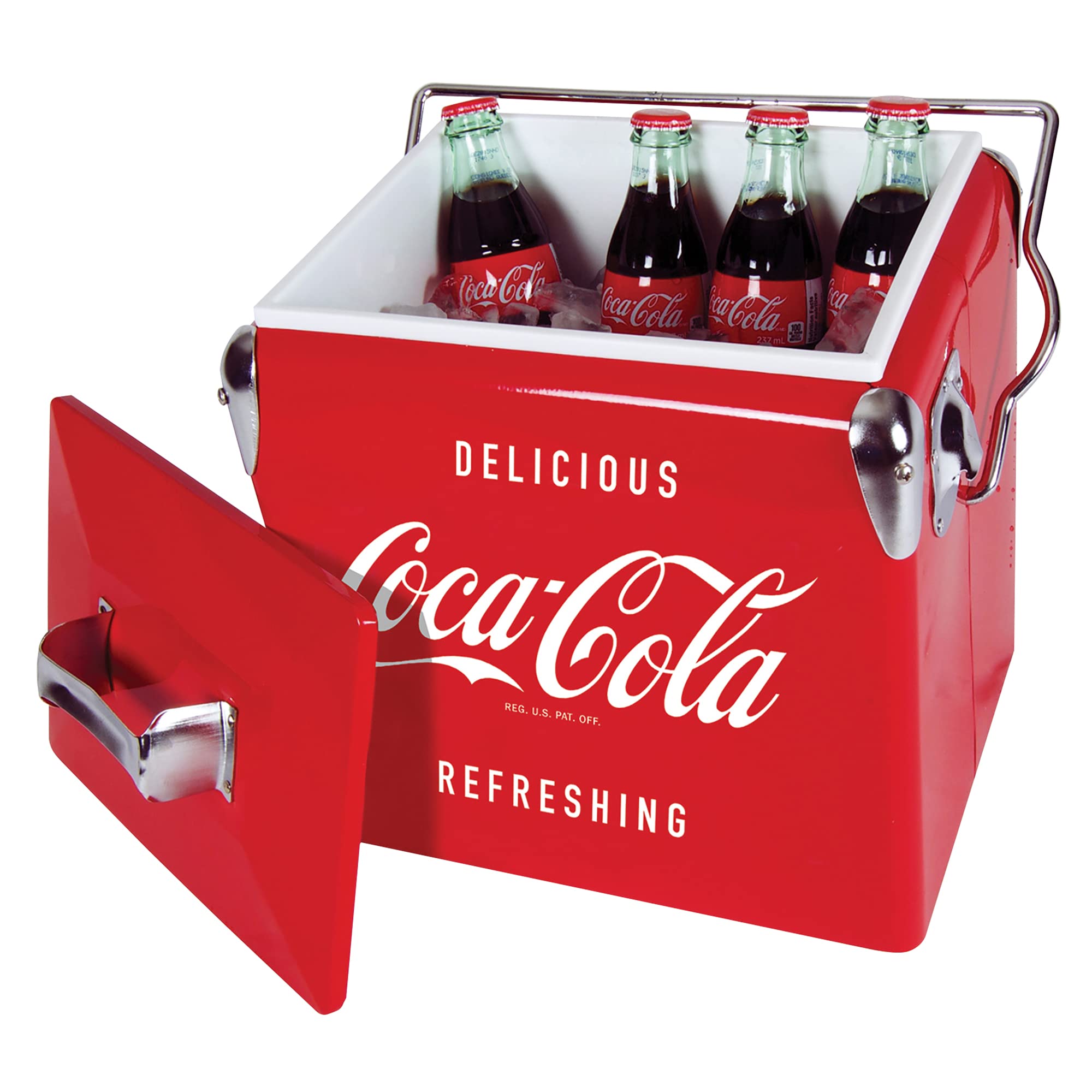 Coca-Cola Retro Ice Chest Cooler with Bottle Opener 13L (14 qt), 18 Can Capacity, Red and Silver, Vintage Style Ice Bucket for Camping, Beach, Picnic, RV, BBQs, Tailgating, Fishing