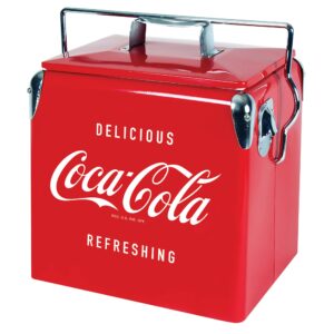 Coca-Cola Retro Ice Chest Cooler with Bottle Opener 13L (14 qt), 18 Can Capacity, Red and Silver, Vintage Style Ice Bucket for Camping, Beach, Picnic, RV, BBQs, Tailgating, Fishing