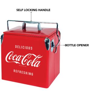 Coca-Cola Retro Ice Chest Cooler with Bottle Opener 13L (14 qt), 18 Can Capacity, Red and Silver, Vintage Style Ice Bucket for Camping, Beach, Picnic, RV, BBQs, Tailgating, Fishing