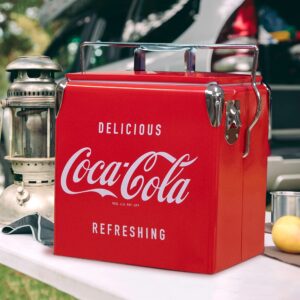 Coca-Cola Retro Ice Chest Cooler with Bottle Opener 13L (14 qt), 18 Can Capacity, Red and Silver, Vintage Style Ice Bucket for Camping, Beach, Picnic, RV, BBQs, Tailgating, Fishing