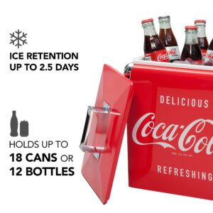 Coca-Cola Retro Ice Chest Cooler with Bottle Opener 13L (14 qt), 18 Can Capacity, Red and Silver, Vintage Style Ice Bucket for Camping, Beach, Picnic, RV, BBQs, Tailgating, Fishing