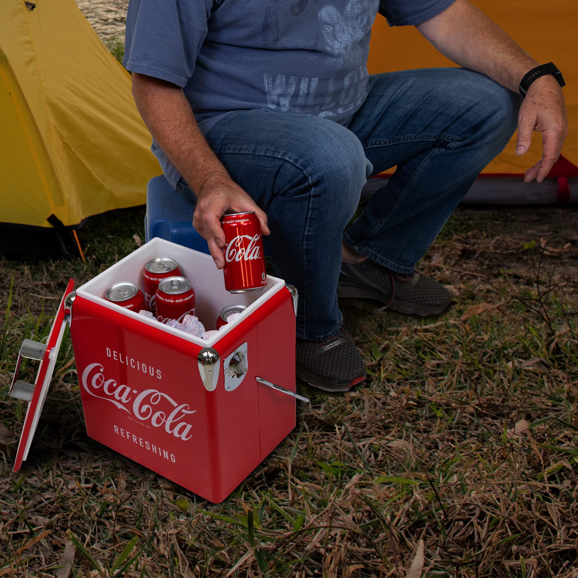 Coca-Cola Retro Ice Chest Cooler with Bottle Opener 13L (14 qt), 18 Can Capacity, Red and Silver, Vintage Style Ice Bucket for Camping, Beach, Picnic, RV, BBQs, Tailgating, Fishing