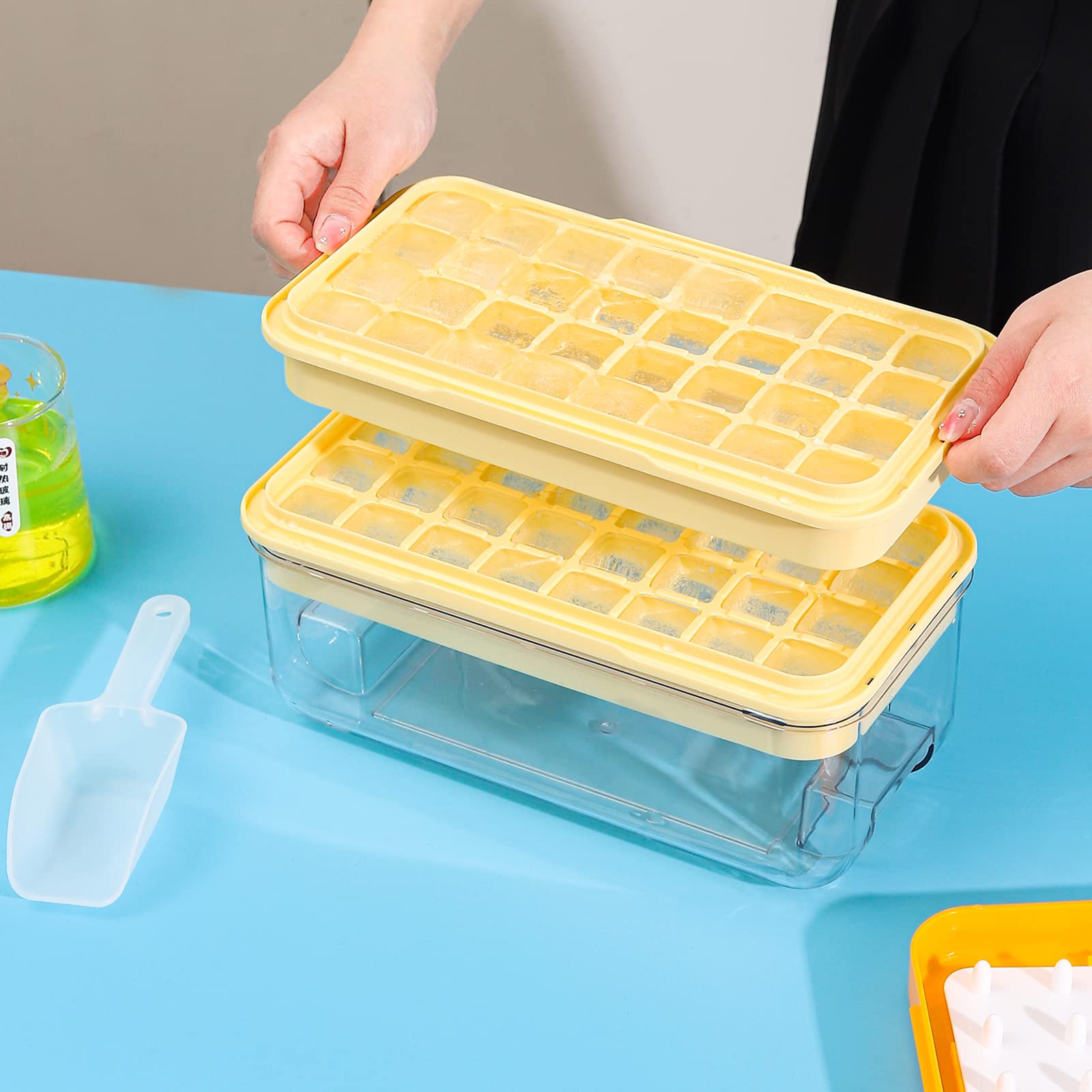 PENGKE Ice Cube Tray with Lid and Bin,64 Nuggets Silicone Ice Tray with Ice Bucket,Ice Cube Storage Container Set with 2 trays for Chilled Drink, Cocktail,Whiskey and Smoothie,Green