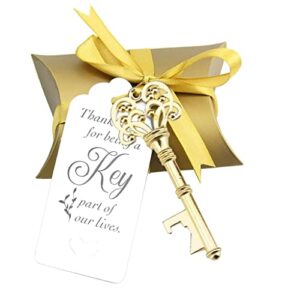 50 sets vintage key bottle openers, wedding favor souvenir gift for guests with escort card thank you tag pillow box and satin ribbon (gold)