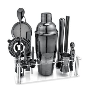 vg cocktail shaker set with acrylic stand | 15 pieces mixology bartender kit | bar tools set with all bar accessories for dink mixing, beginers home bartending