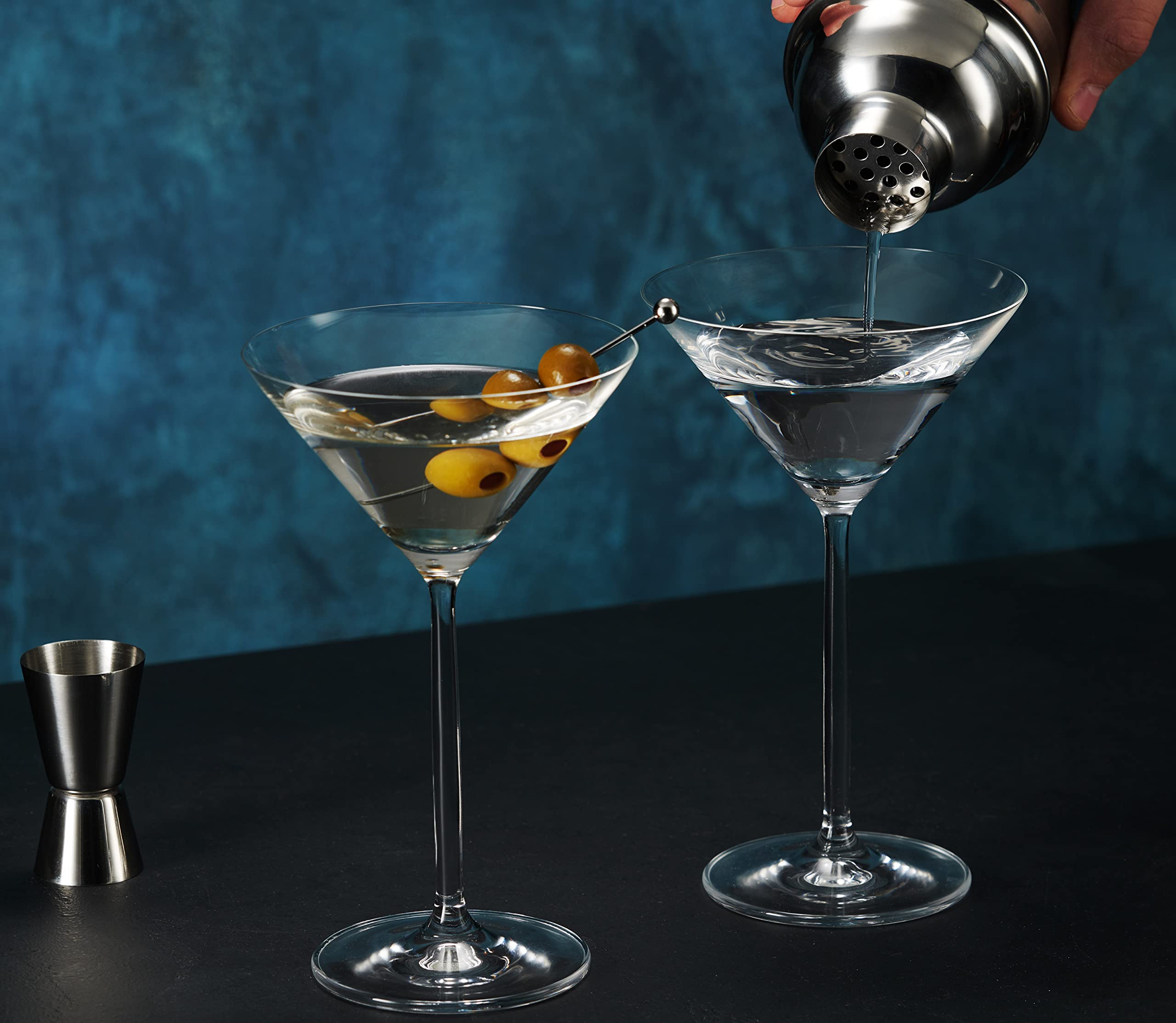 Godinger Cocktail Shaker Set and Martini Glasses Bar Set, Stainless Martini Shaker with Stemmed Cocktail Glasses and Double Jigger, 4 Piece Gift Set