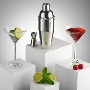 Godinger Cocktail Shaker Set and Martini Glasses Bar Set, Stainless Martini Shaker with Stemmed Cocktail Glasses and Double Jigger, 4 Piece Gift Set