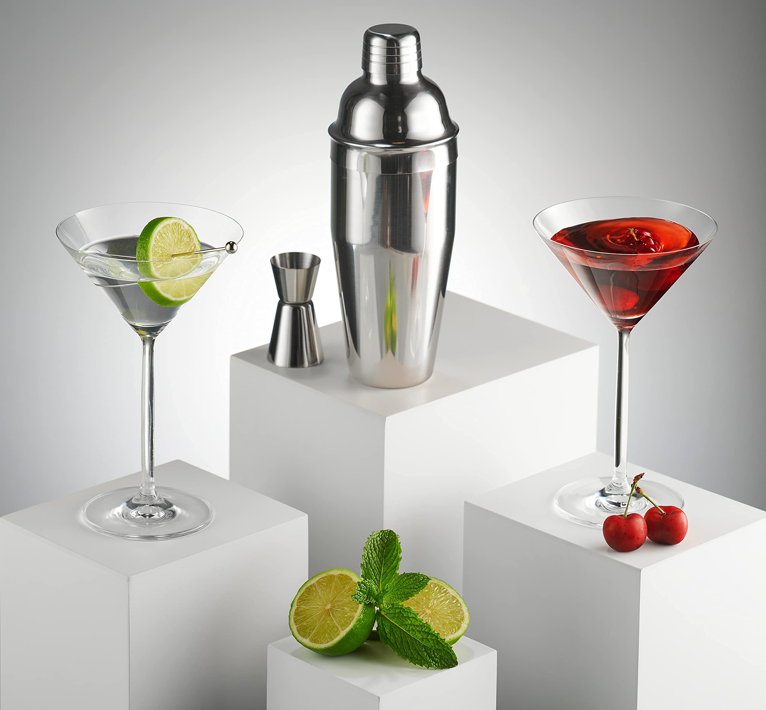 Godinger Cocktail Shaker Set and Martini Glasses Bar Set, Stainless Martini Shaker with Stemmed Cocktail Glasses and Double Jigger, 4 Piece Gift Set