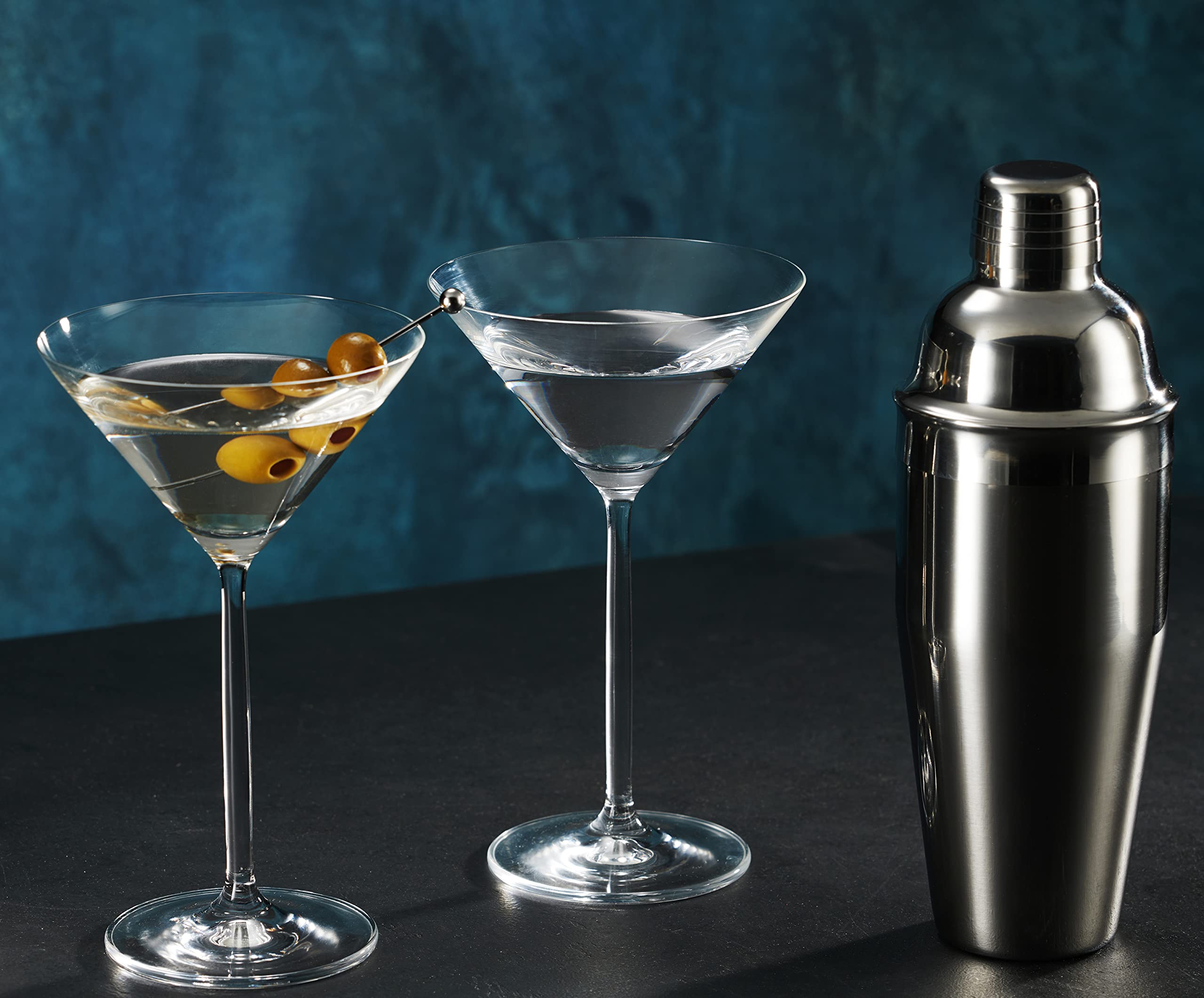 Godinger Cocktail Shaker Set and Martini Glasses Bar Set, Stainless Martini Shaker with Stemmed Cocktail Glasses and Double Jigger, 4 Piece Gift Set