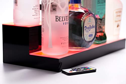 BarSquad LED Lighted Bar Shelf - 16in, 2 Step Illuminated Liquor Bottle Display Shelf with Multicolor Lighting Modes, Wireless Remote