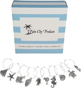 palm city products 10 piece beach themed wine charm set - nautical stemmed wine glass charms