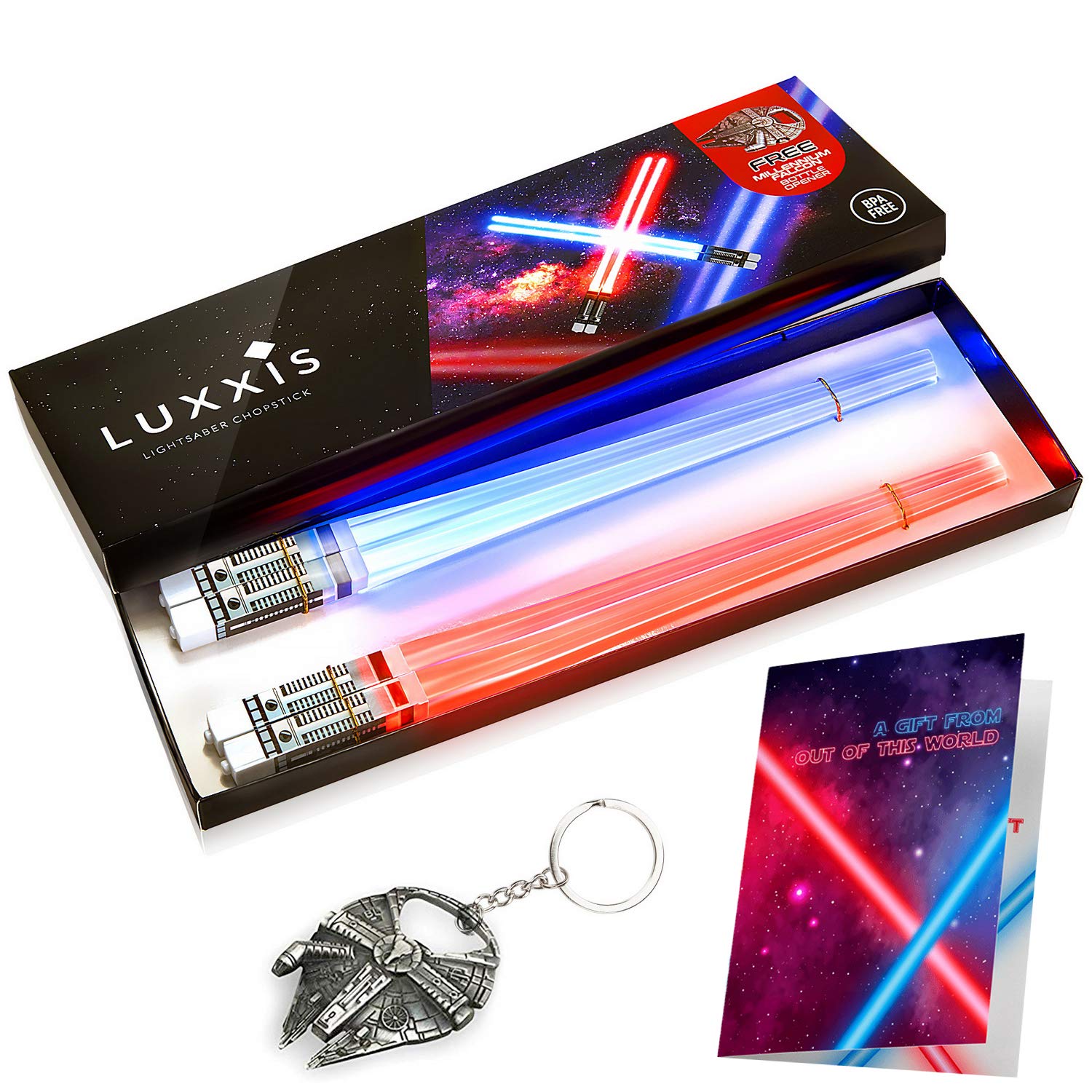 Luxxis Lightsaber Chopsticks Light up Glowing Chop Sticks for Star Wars Gifts Set Theme Party Fun [2 Pair – RED and Blue Set] with Bottle Opener and Gift Ready Postcard