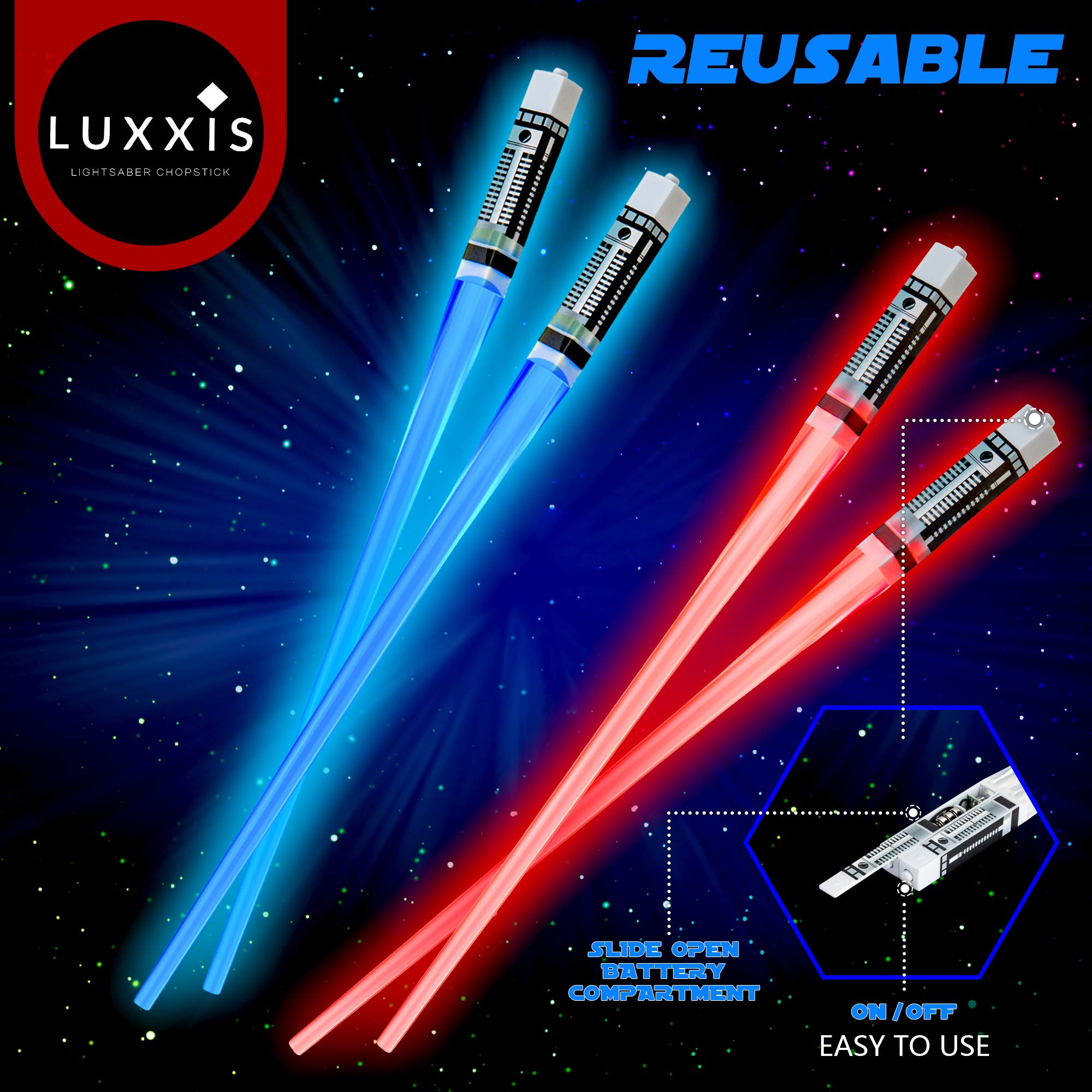 Luxxis Lightsaber Chopsticks Light up Glowing Chop Sticks for Star Wars Gifts Set Theme Party Fun [2 Pair – RED and Blue Set] with Bottle Opener and Gift Ready Postcard