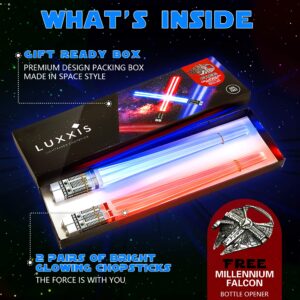 Luxxis Lightsaber Chopsticks Light up Glowing Chop Sticks for Star Wars Gifts Set Theme Party Fun [2 Pair – RED and Blue Set] with Bottle Opener and Gift Ready Postcard