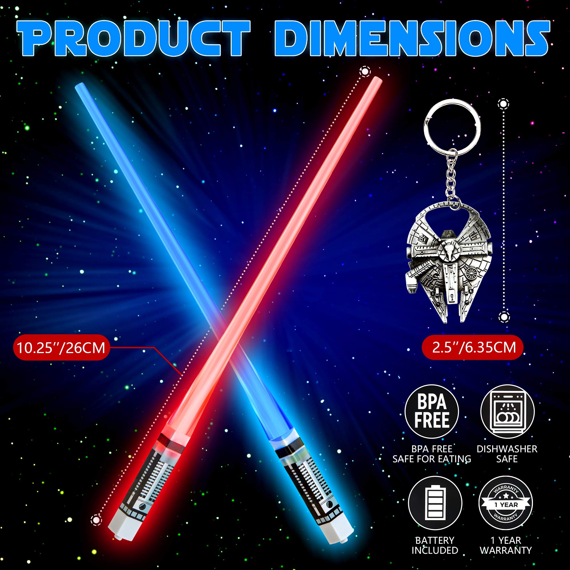 Luxxis Lightsaber Chopsticks Light up Glowing Chop Sticks for Star Wars Gifts Set Theme Party Fun [2 Pair – RED and Blue Set] with Bottle Opener and Gift Ready Postcard