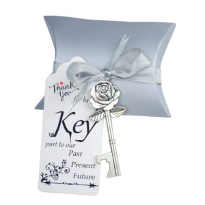 makhry 50 set skeleton rose key bottle openers with candy box in antique vintage style escort tags french ribbon as a gift souvenir at wedding party supplies (antique silver)