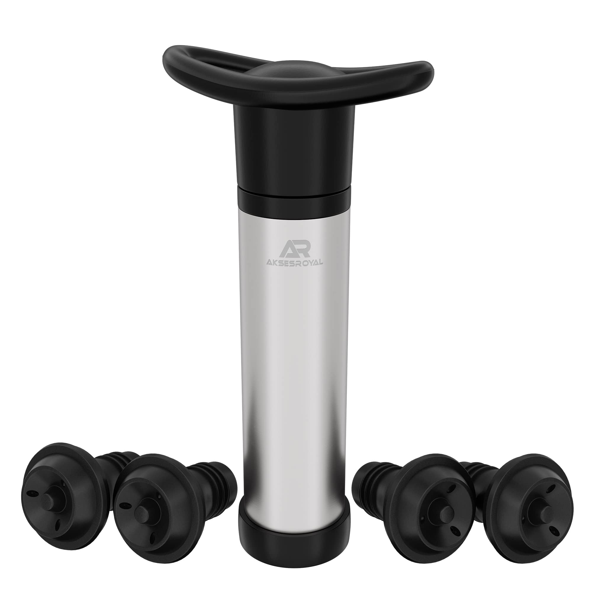 Aksesroyal Wine Pump with Valve Wine Stoppers (Silver 4 Stoppers)