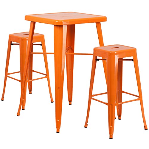 Flash Furniture Stone Commercial Grade 23.75" Square Orange Metal Indoor-Outdoor Bar Table Set with 2 Square Seat Backless Stools