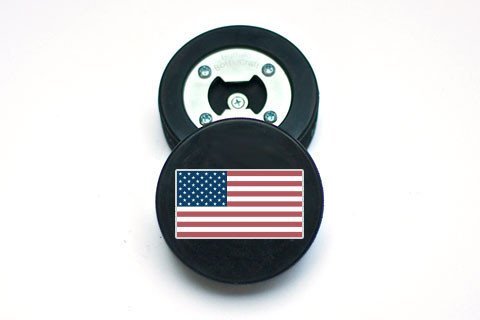 Buffalo BottleCraft USA Bottle Opener, Made from a Real Hockey Puck, American Flag, Magnetic Cap Catcher, Coaster