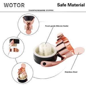 WOTOR Champagne&Wine Bottle Stoppers Stainless Steel with Food Grade Silicone, Leak Proof Keep Fresh Reusable Saver, Cork Suitable for Wine, Champagne, Cava, Prosecco and Sparkling (2 Pack Rosegold）