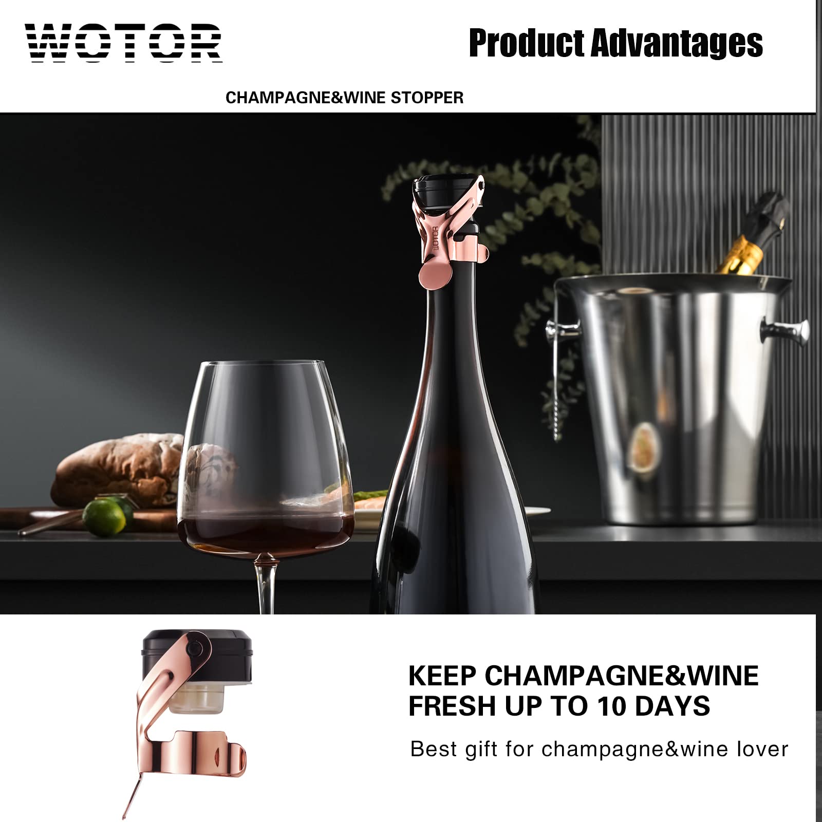 WOTOR Champagne&Wine Bottle Stoppers Stainless Steel with Food Grade Silicone, Leak Proof Keep Fresh Reusable Saver, Cork Suitable for Wine, Champagne, Cava, Prosecco and Sparkling (2 Pack Rosegold）