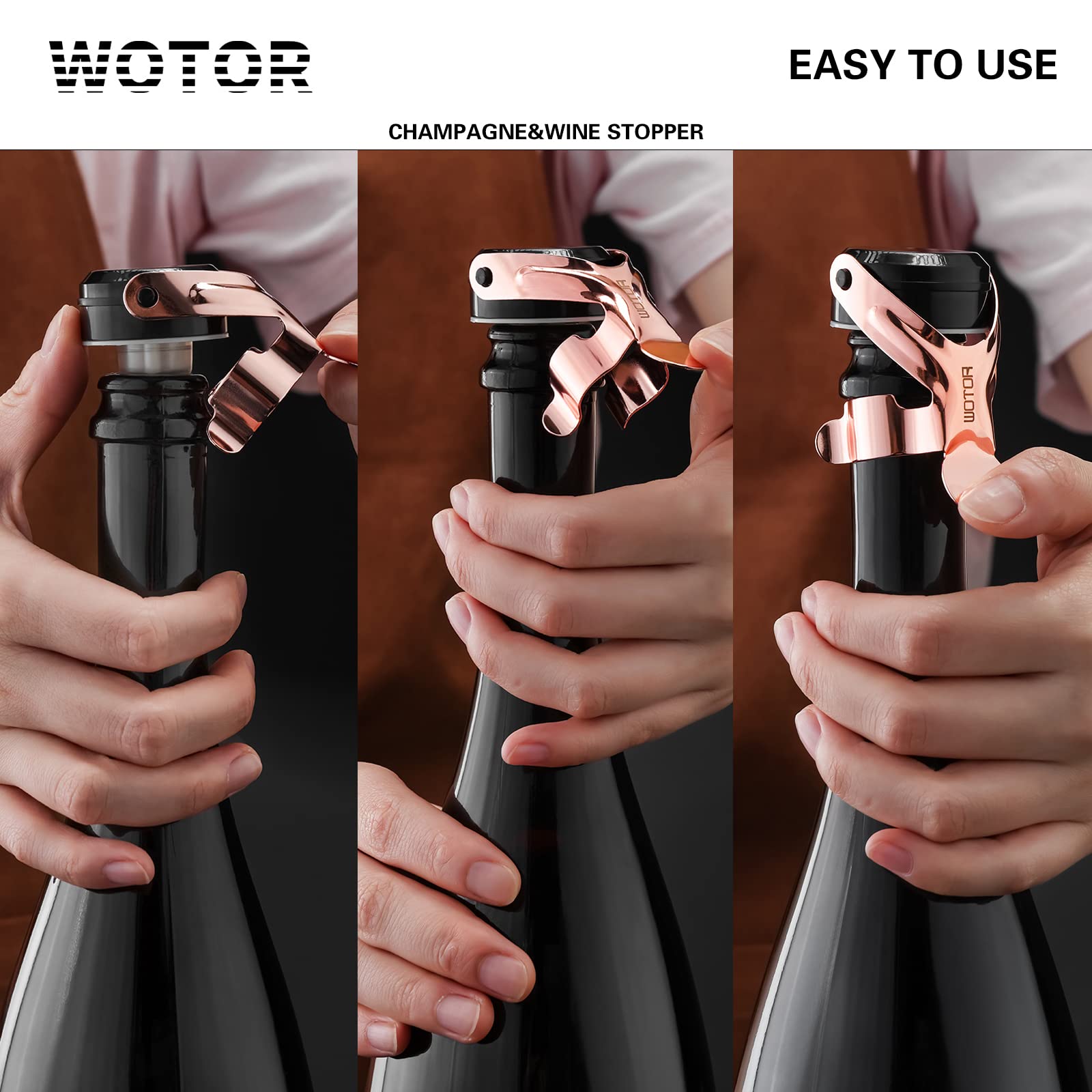 WOTOR Champagne&Wine Bottle Stoppers Stainless Steel with Food Grade Silicone, Leak Proof Keep Fresh Reusable Saver, Cork Suitable for Wine, Champagne, Cava, Prosecco and Sparkling (2 Pack Rosegold）