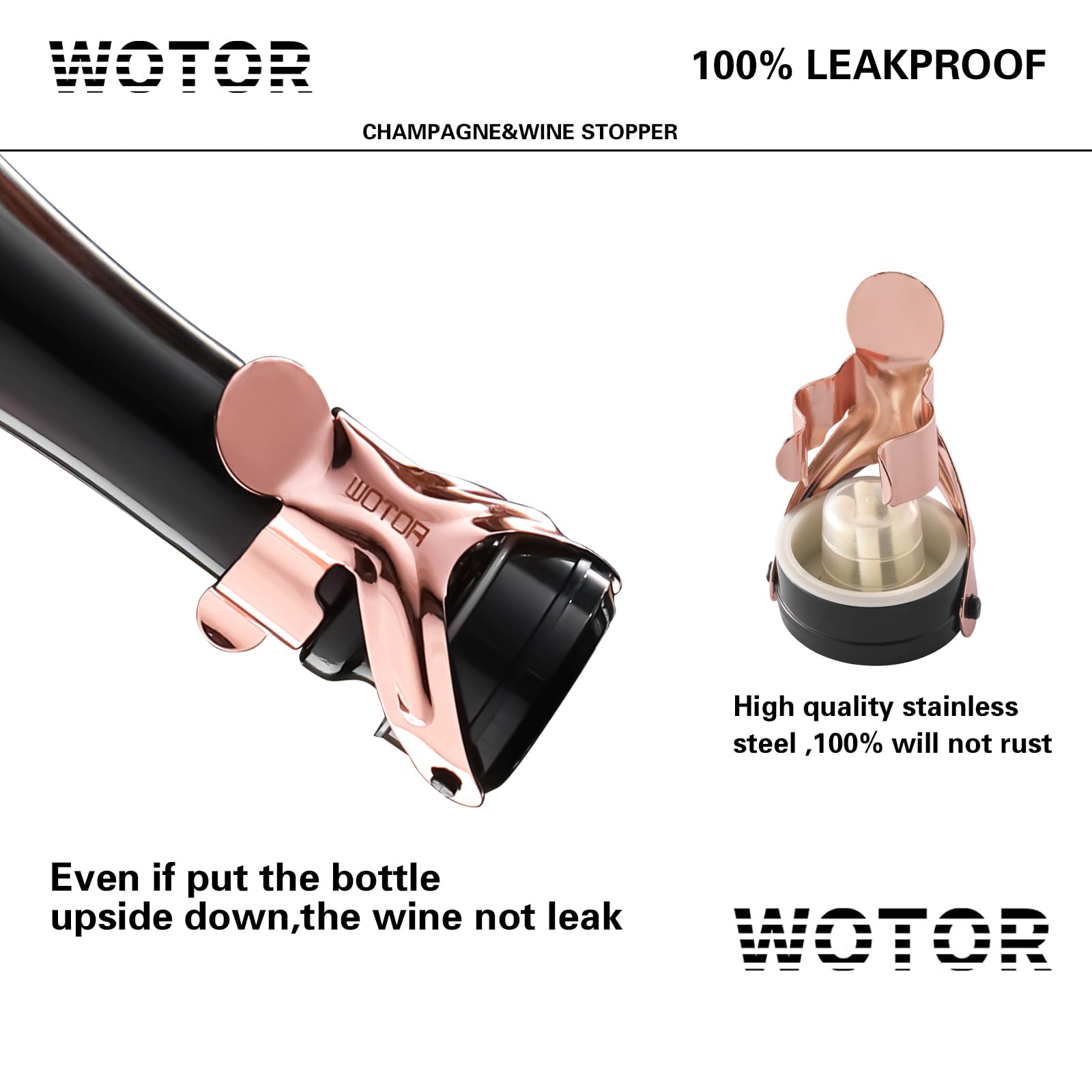 WOTOR Champagne&Wine Bottle Stoppers Stainless Steel with Food Grade Silicone, Leak Proof Keep Fresh Reusable Saver, Cork Suitable for Wine, Champagne, Cava, Prosecco and Sparkling (2 Pack Rosegold）