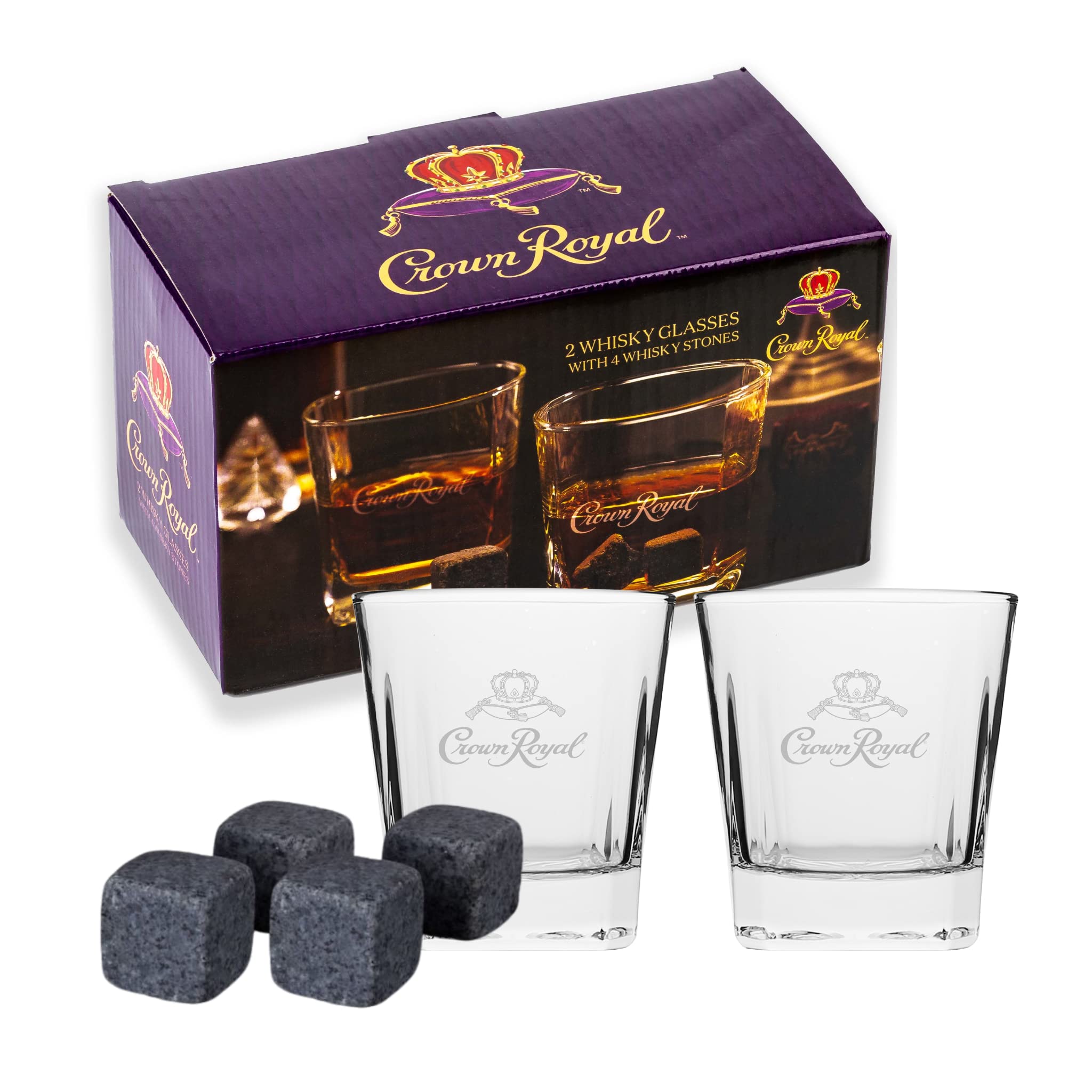 Whiskey Glasses Set of 2 Crown Royal Whiskey Glass and Stone Set 2 Scotch Glasses and 4 Unique Chilling Granite Rocks | Whiskey Stone Gift Set for Men Compatible