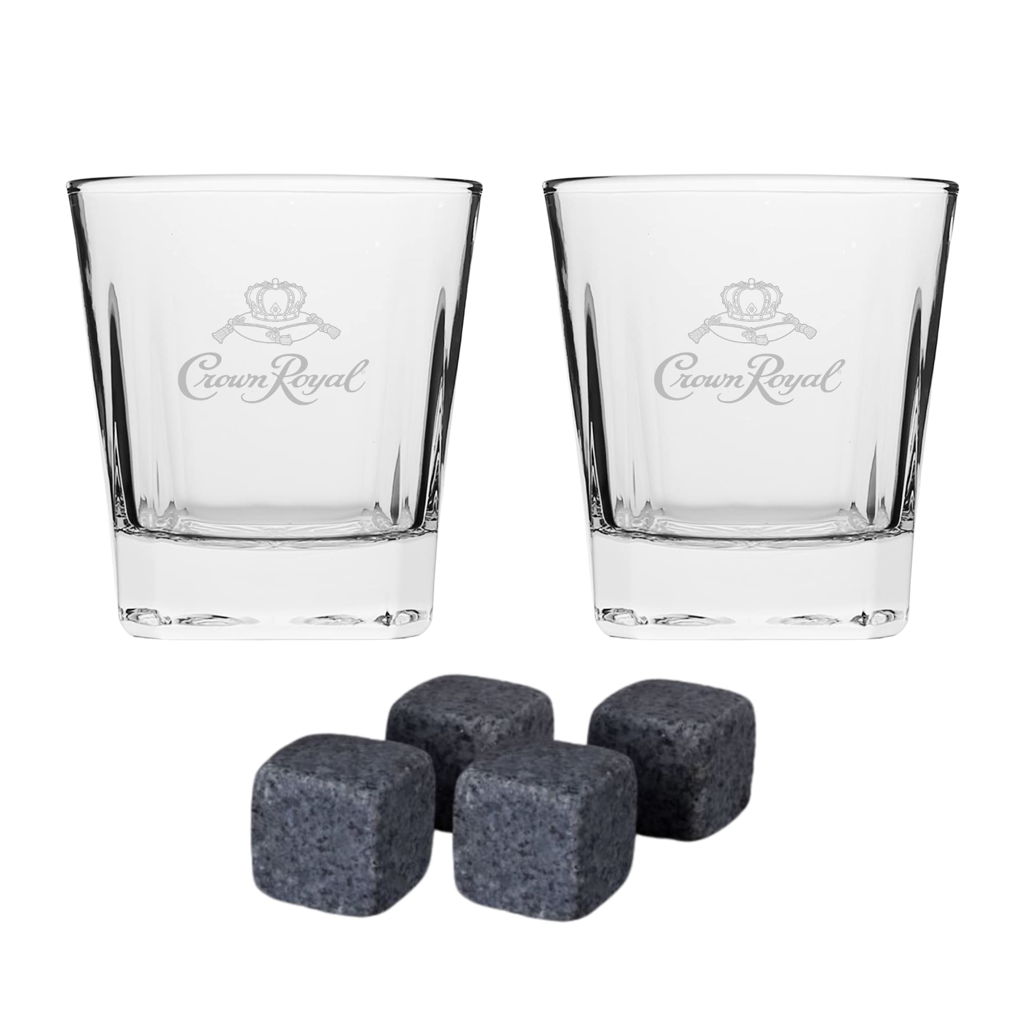 Whiskey Glasses Set of 2 Crown Royal Whiskey Glass and Stone Set 2 Scotch Glasses and 4 Unique Chilling Granite Rocks | Whiskey Stone Gift Set for Men Compatible