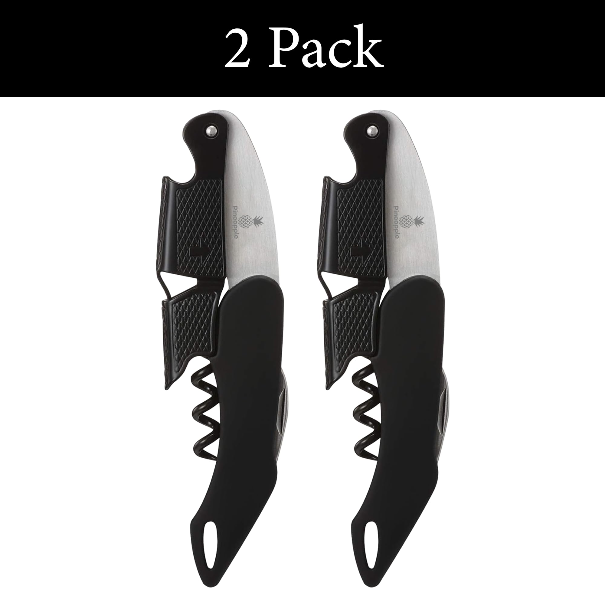 PINEAPPLE [2 Pack] Professional Corkscrew Wine Bottle Opener with Foil Cutter Wine Key for Waiters, Servers, Bartenders, Sommeliers, Wine Lovers (Black)