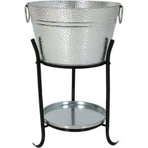 sunnydaze ice bucket drink cooler with stand and tray - pebbled galvanized steel - holds beer, wine, champagne and more