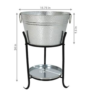 Sunnydaze Ice Bucket Drink Cooler with Stand and Tray - Pebbled Galvanized Steel - Holds Beer, Wine, Champagne and More