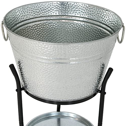 Sunnydaze Ice Bucket Drink Cooler with Stand and Tray - Pebbled Galvanized Steel - Holds Beer, Wine, Champagne and More