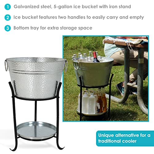 Sunnydaze Ice Bucket Drink Cooler with Stand and Tray - Pebbled Galvanized Steel - Holds Beer, Wine, Champagne and More