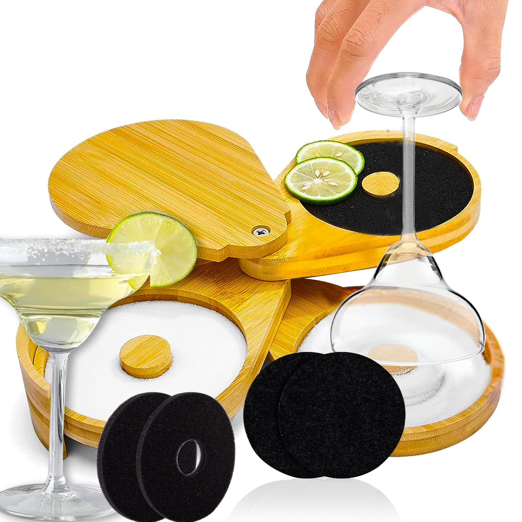 PJ DECOR Margarita Salt Rimmer Set - Salt Rimmer for Cocktails - Cocktail Rimmer - Margarita Rimmer - Margarita Cocktail Set, 3 Bamboo Bar Salt and Sugar Rimmer 5.5 Inches, Margarita Glass Rimmer