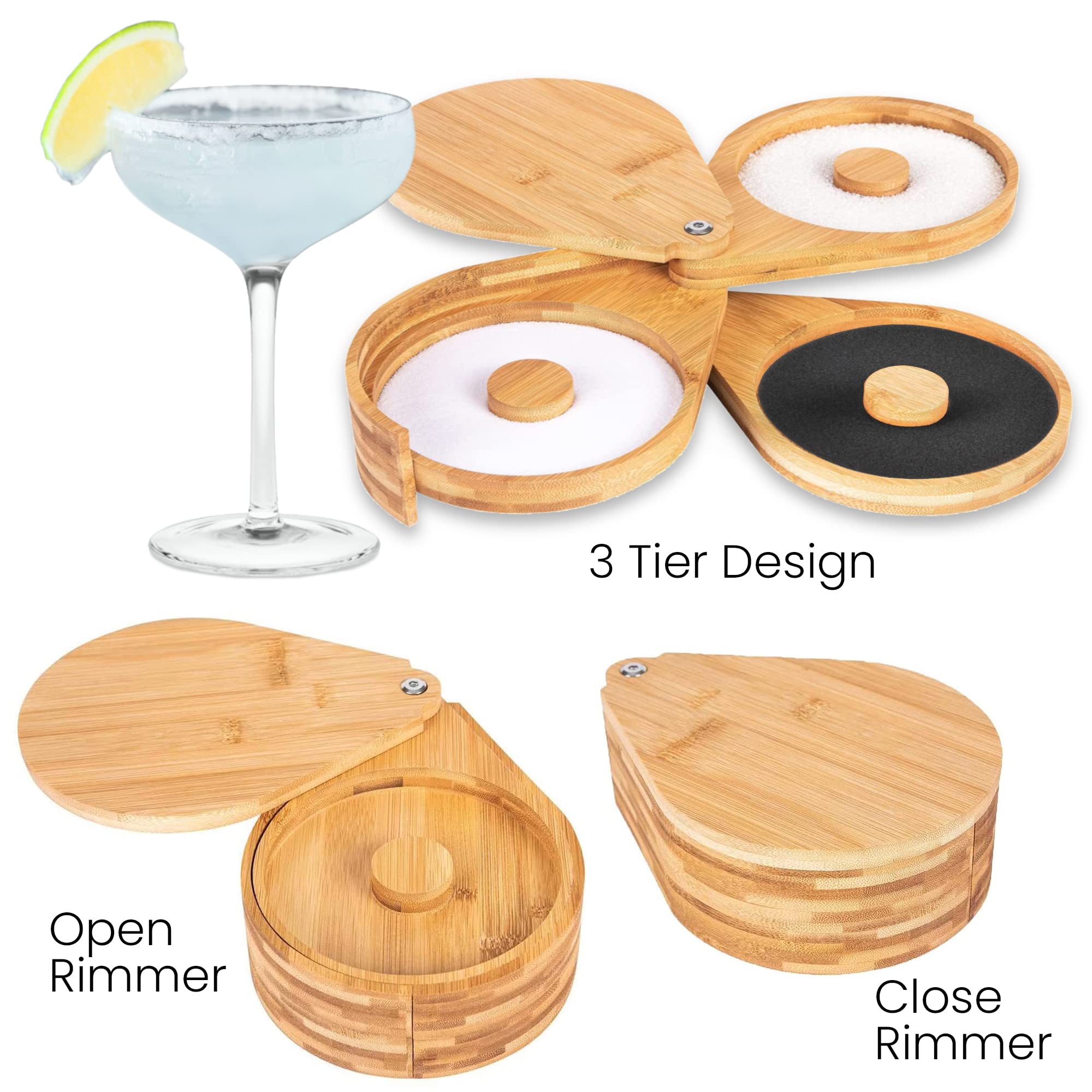 PJ DECOR Margarita Salt Rimmer Set - Salt Rimmer for Cocktails - Cocktail Rimmer - Margarita Rimmer - Margarita Cocktail Set, 3 Bamboo Bar Salt and Sugar Rimmer 5.5 Inches, Margarita Glass Rimmer