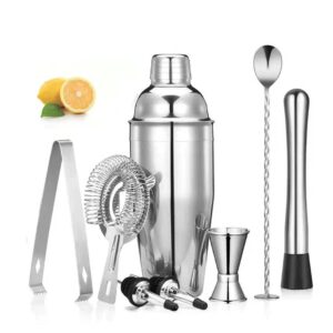 cocktail set 9 piece, 25oz bartender kit, bar set with hawthorne strainer/ice tong/measuring jigger/mixing spoon/cocktail muddler / 2 liquor pourers